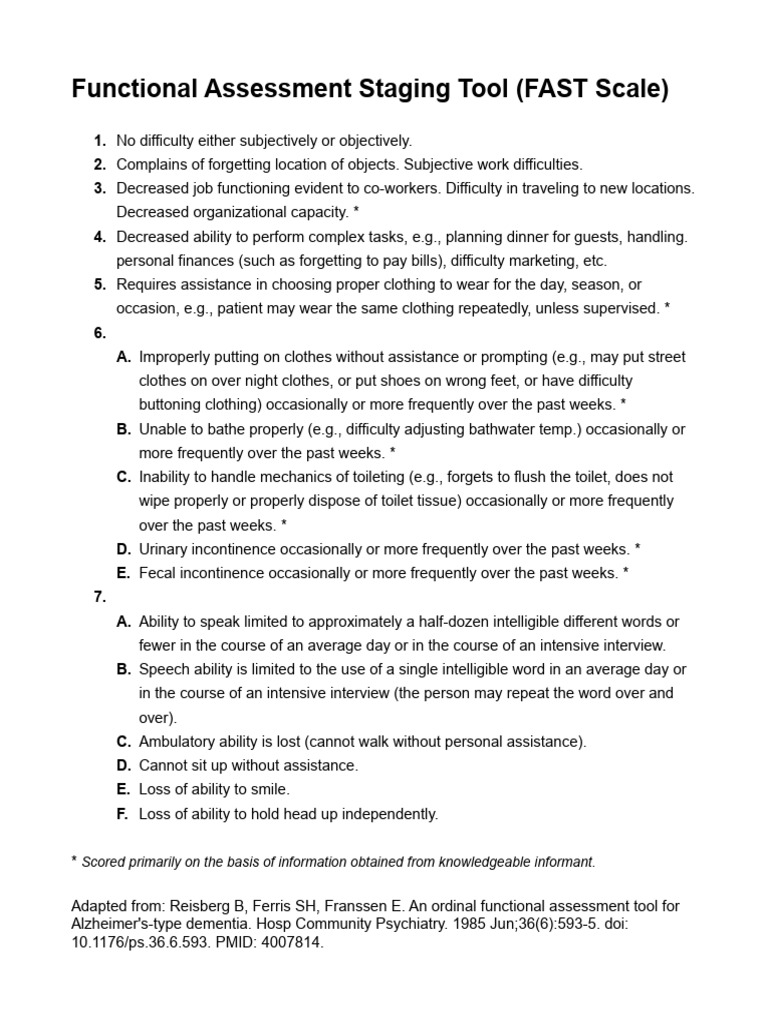 Functional Assessment Staging Tool (FAST Scale) | PDF