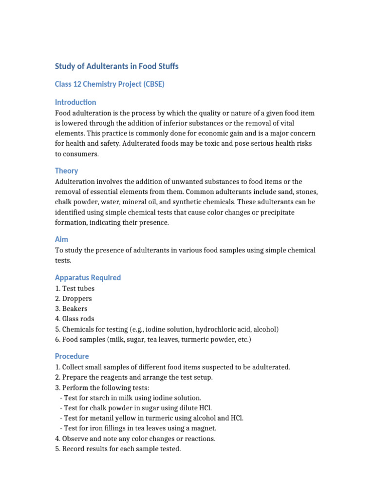 Class 12 Chemistry Project Adulterants | PDF
