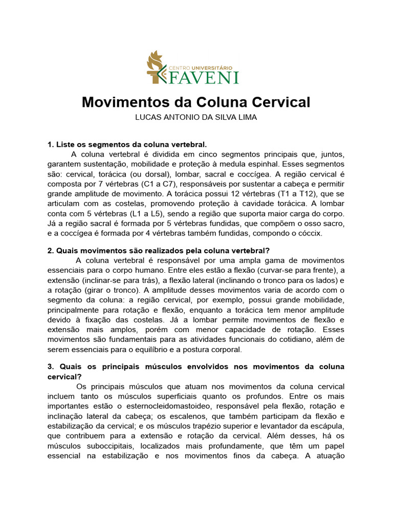 Movimentos da Coluna Cervical e Músculos | PDF | Coluna vertebral ...