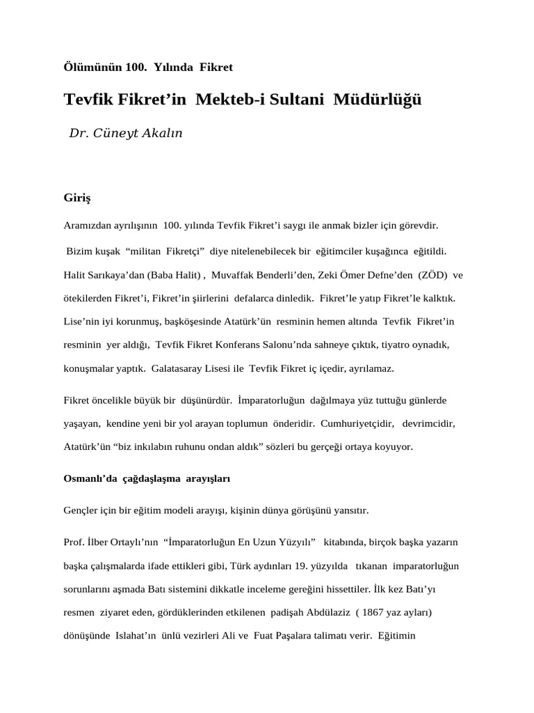 Tevfik Fikretin Mekteb i Sultani Mudurlu | PDF