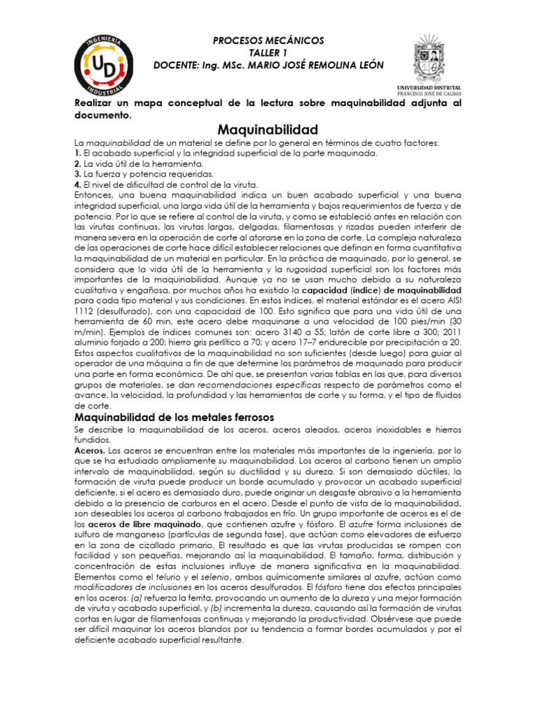 Taller 1 Procesos Mecánicos | PDF | Aleación | Conjuntos de elementos ...