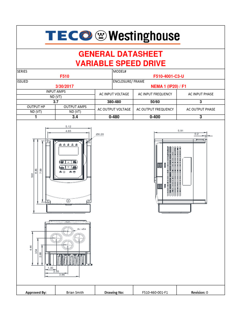 General Datasheet Variable Speed Drive: F510 F510-4001-C3-U | PDF