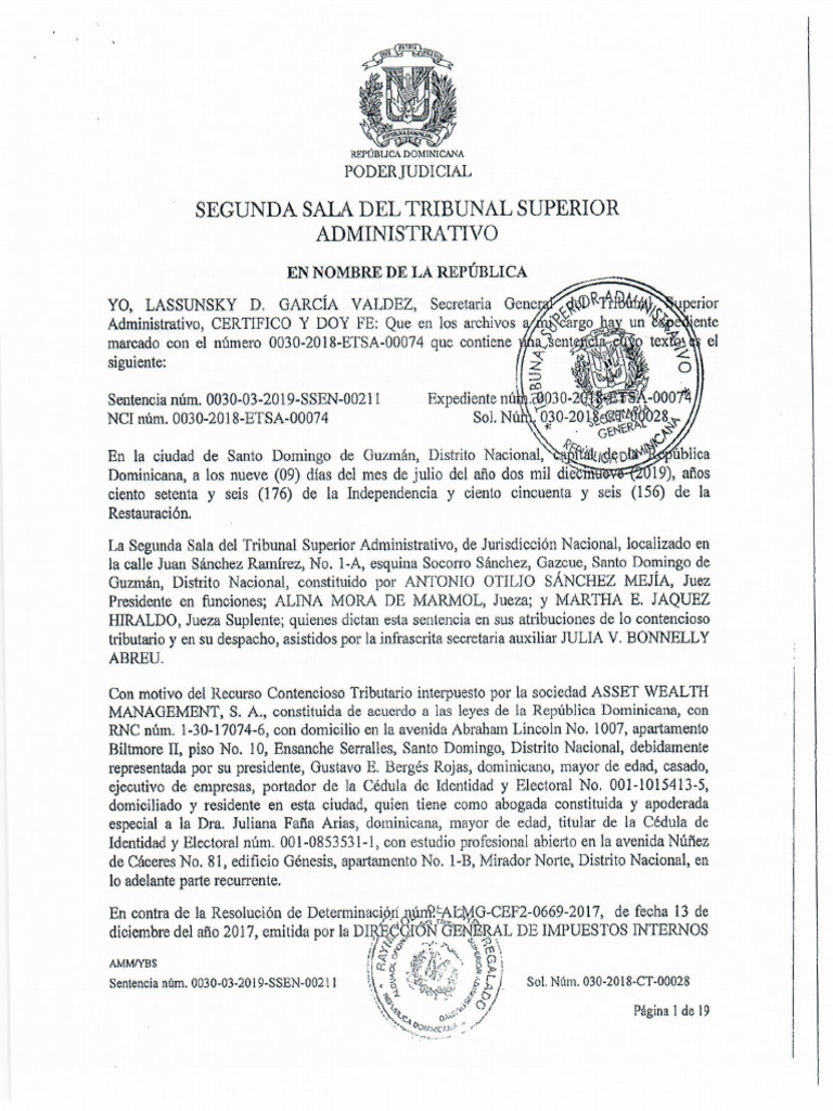 Sentencia TSA No. 0030-03-2019-SSEN-00211 Prescripción Multa | PDF