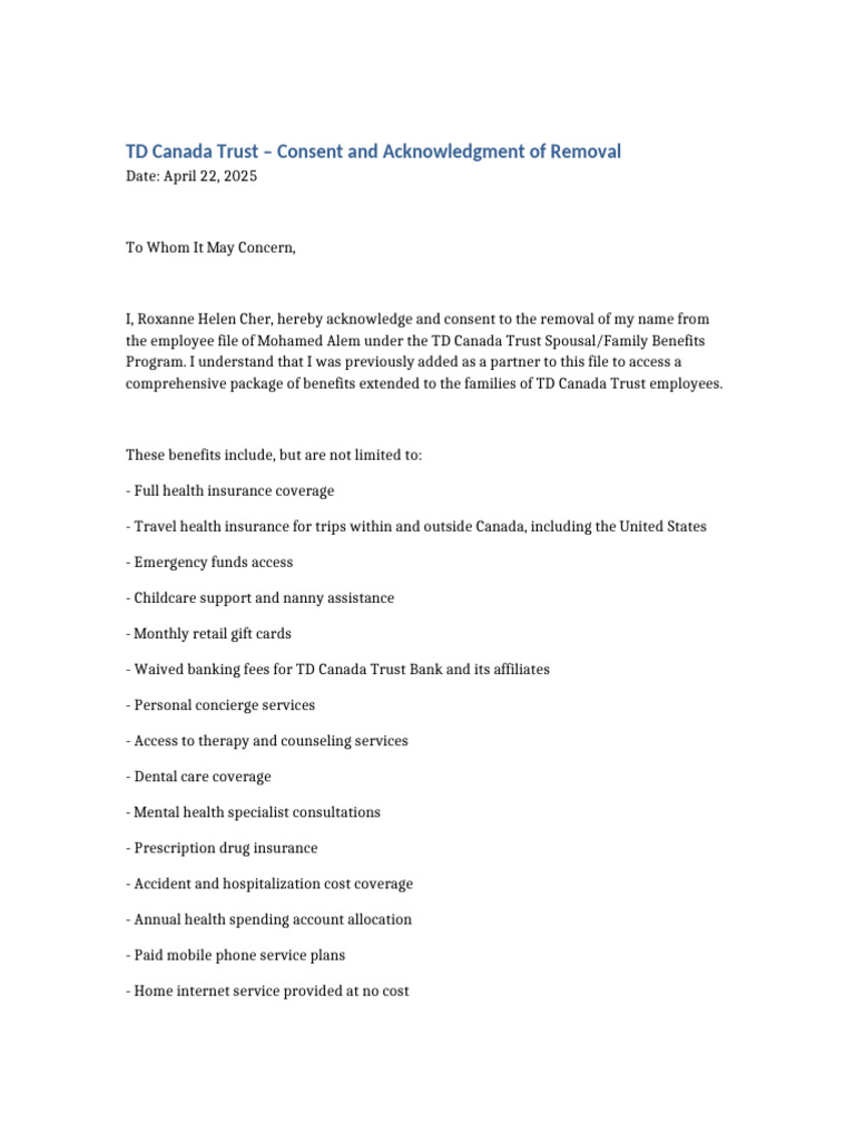 TD Consent Removal Roxanne Helen Cher 3pages | PDF
