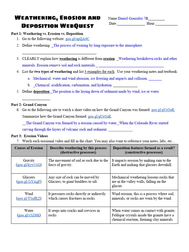 Weathering, Deposition and Erosion Webquest | PDF | Erosion | Weathering