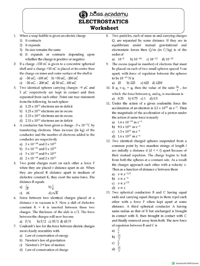 1.electrostatics Worksheet | PDF