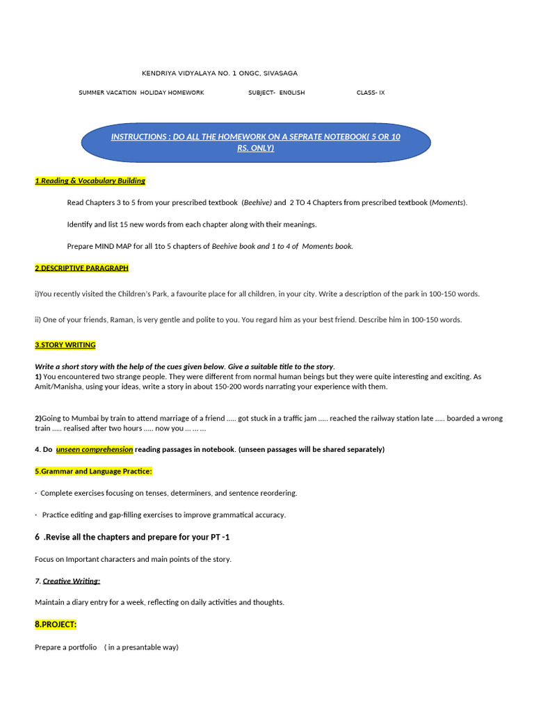 Summer Vacation H.W, CLASS 9 English | PDF