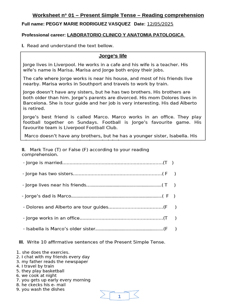 Worksheet 01 - Present Simple Tense - Affirmative Form | PDF | Meal ...