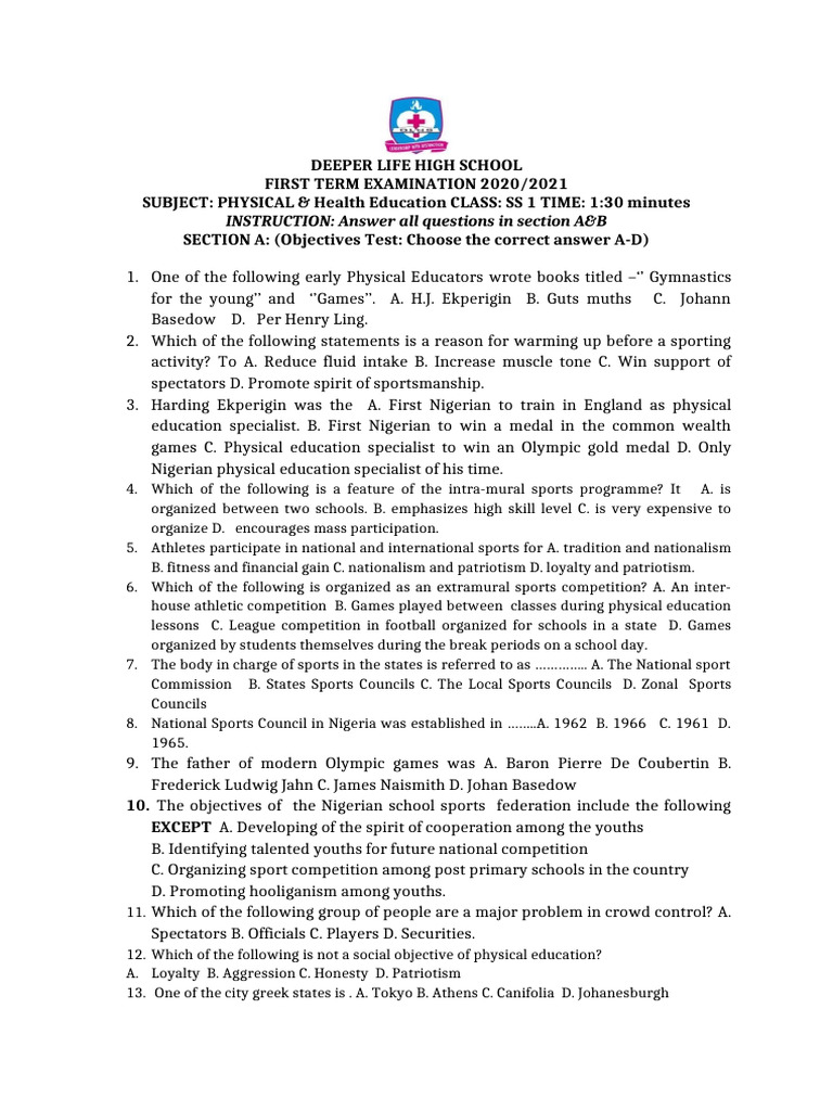 Ss 1 Physical Education First Term Exam Question 2021 - 2022 | PDF ...
