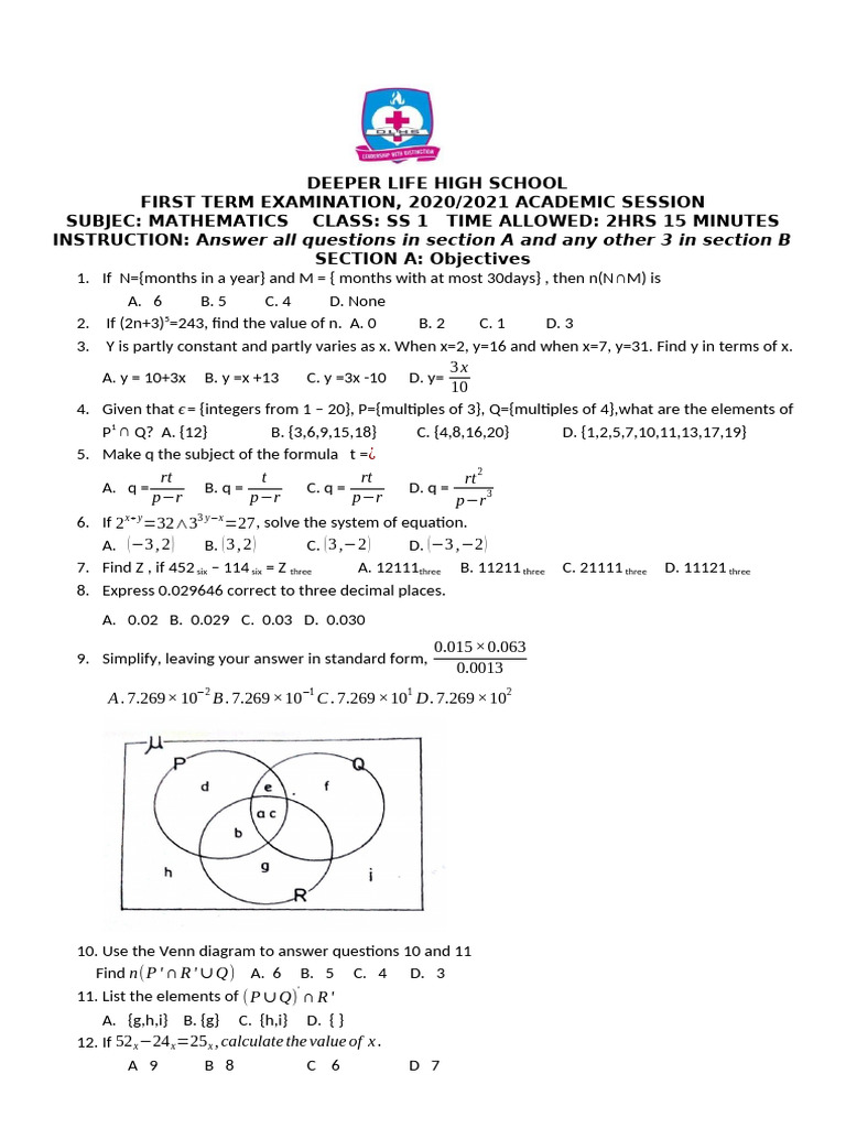 Ss 1 Mathematics First Term Exam 2021-2022 | PDF | Mathematics | Arithmetic