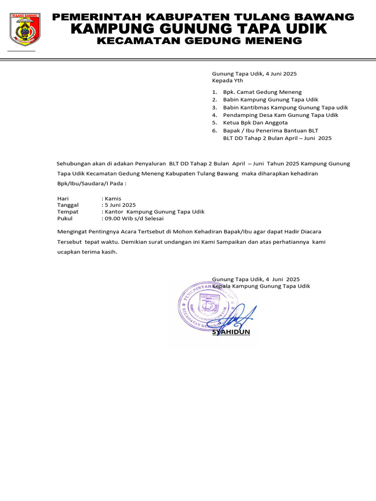 Undangan Penyaluran BLT DD 2025 | PDF