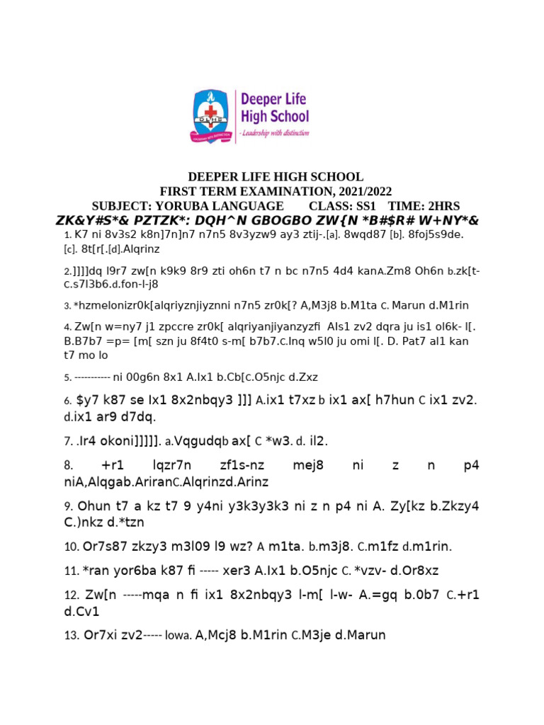 Ss 1 Yoruba First Term Exam 2021-2022 | PDF