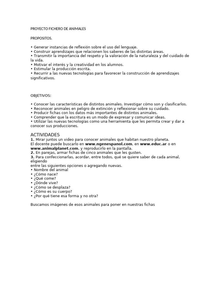 Proyecto Fichero de Animales: Aprendizaje Creativo | PDF
