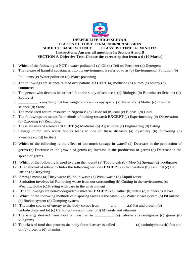 JSS1 Basic Science First Term Exam 2018 | PDF | Waste | Water