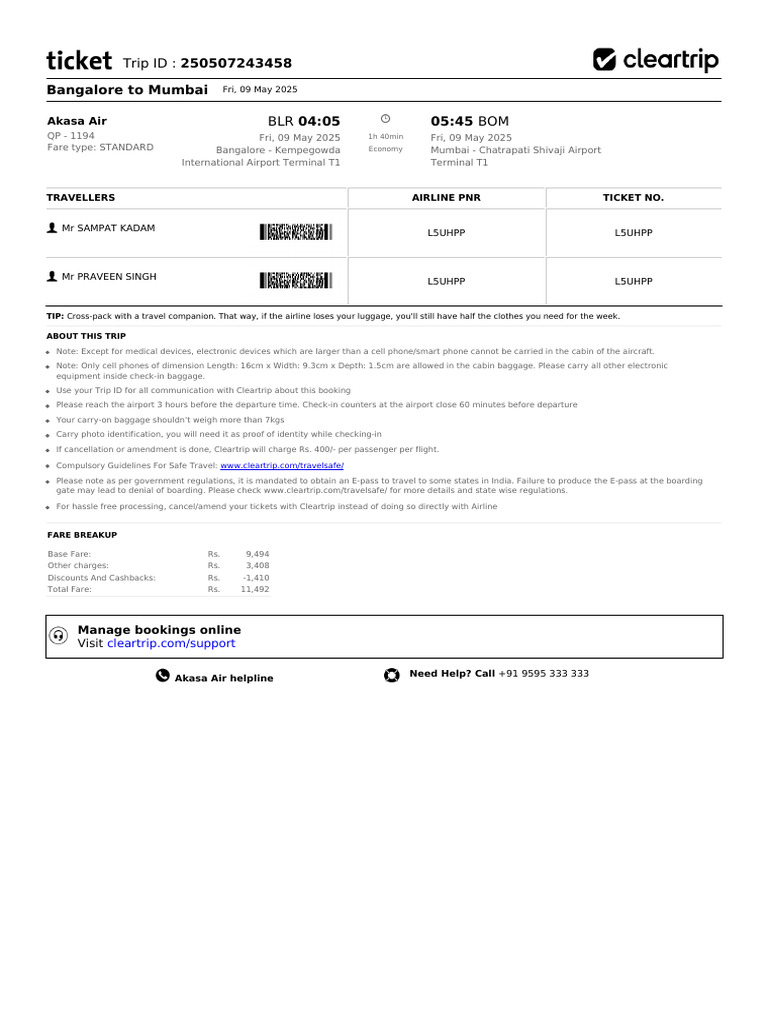 Cleartrip Booking Confirmation: Trip ID 250507243458 | PDF | Aviation | Transport