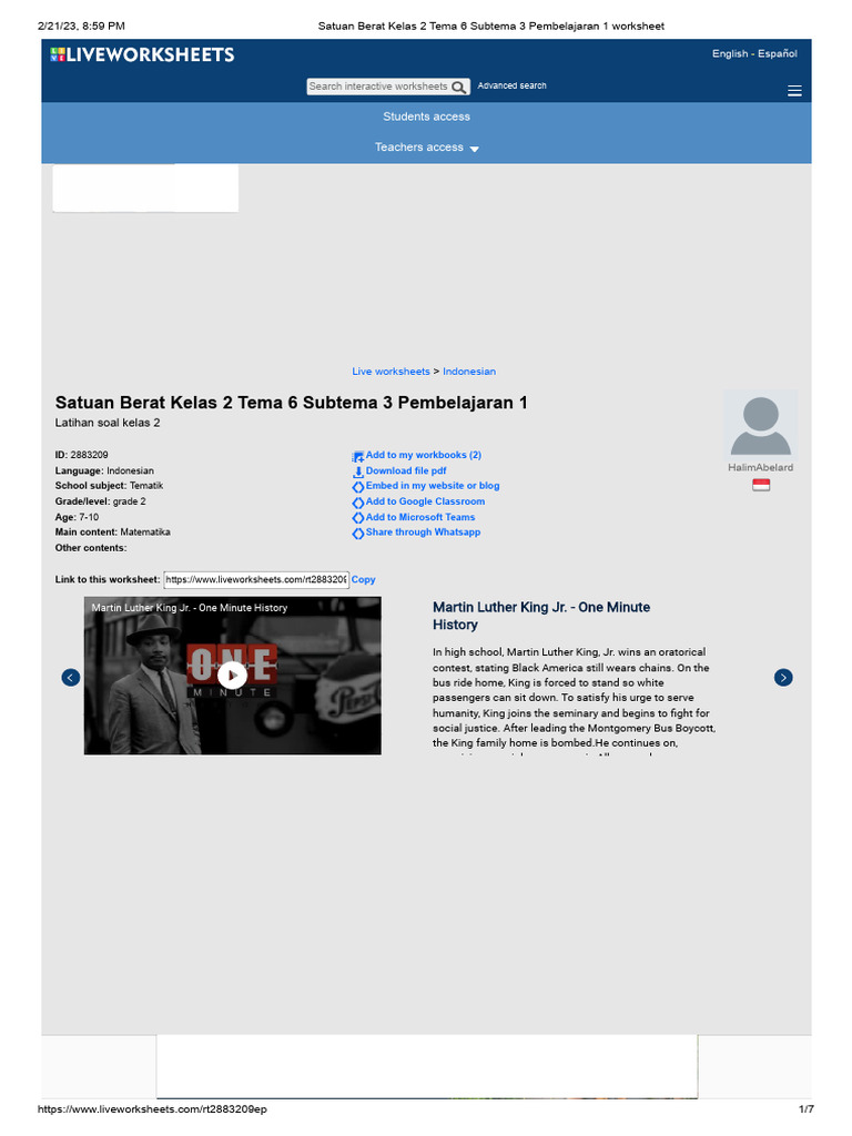 Satuan Berat Kelas 2 Tema 6 Subtema 3 Pembelajaran 1 Worksheet | PDF