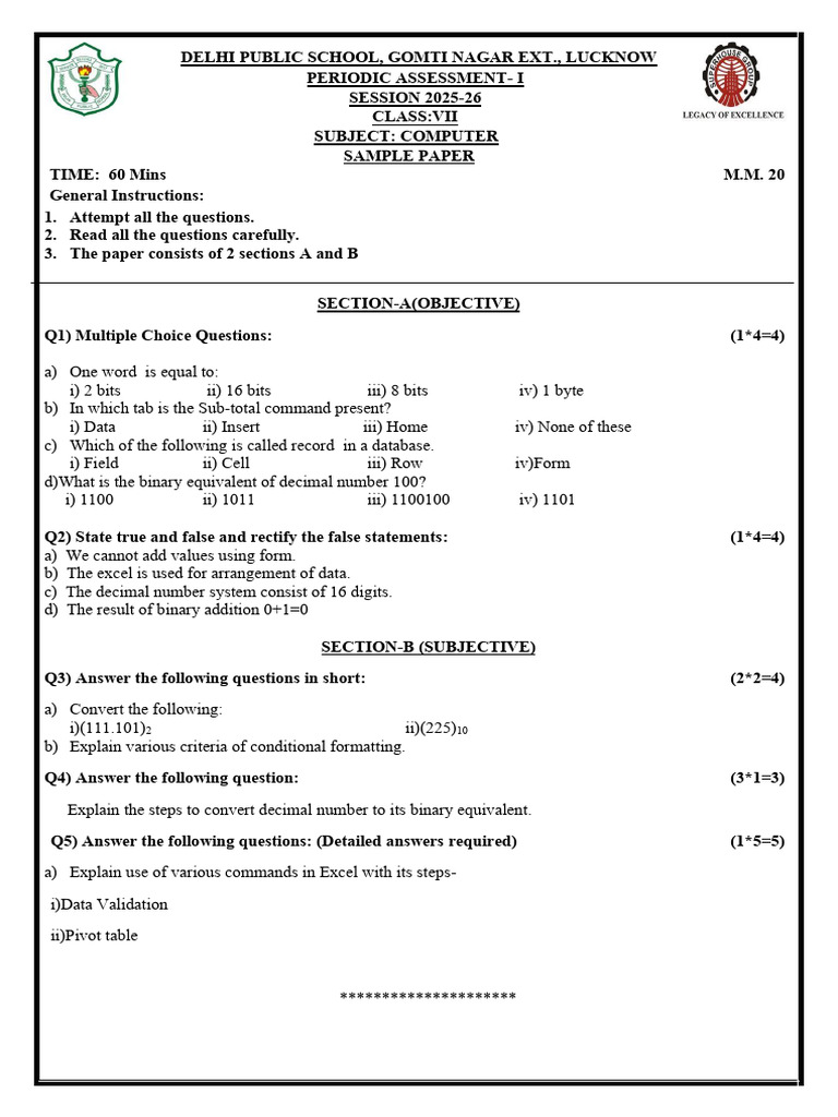 Class VII Computer Sample Paper 2025-26 | PDF