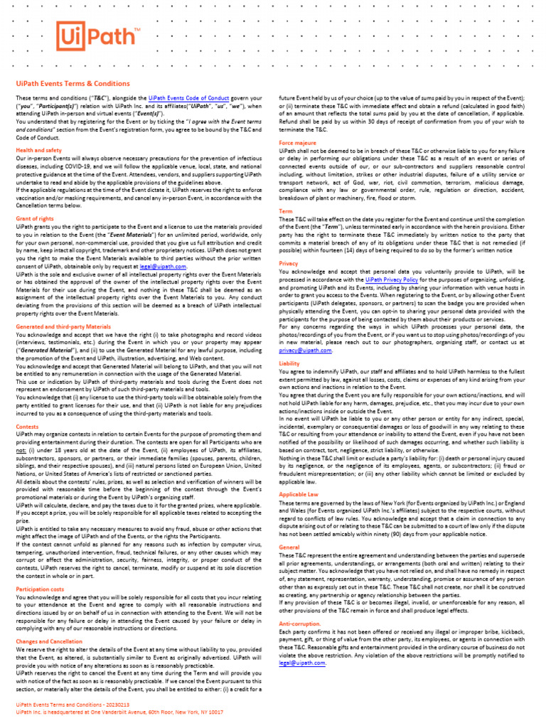 UiPath Event Terms & Conditions Guide | PDF | Legal Liability | Damages