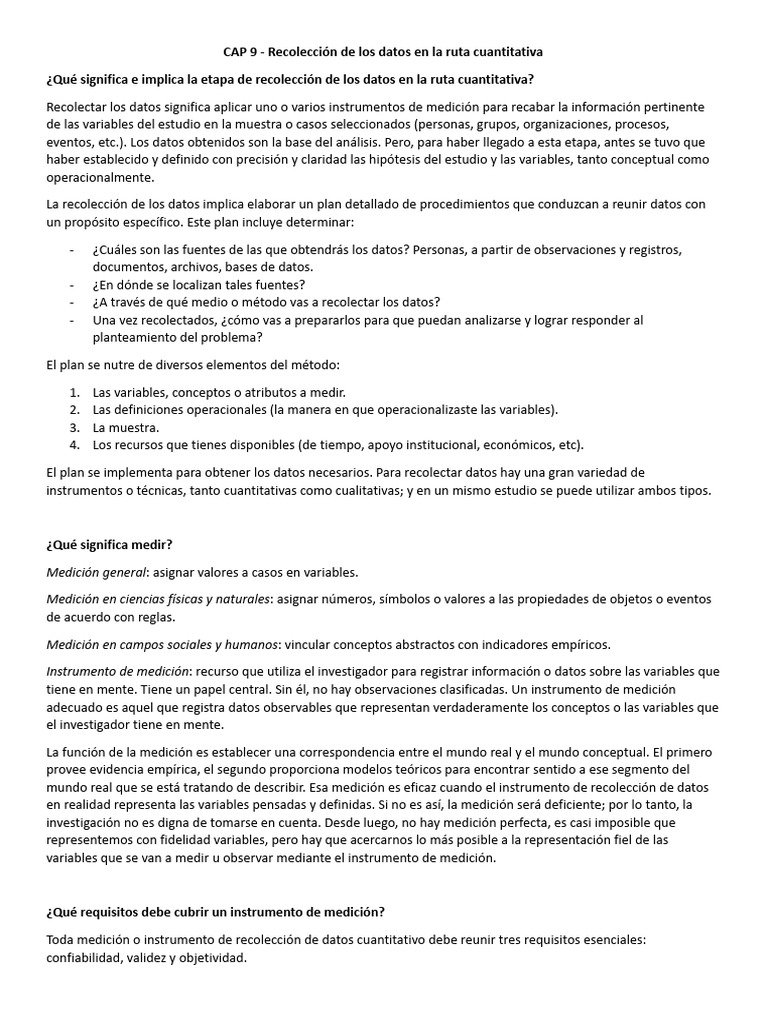 Clase 3 y 5 - CAP 9 -Hernandez Sampieri, R y Mendoza.docx | PDF | Medición | Datos