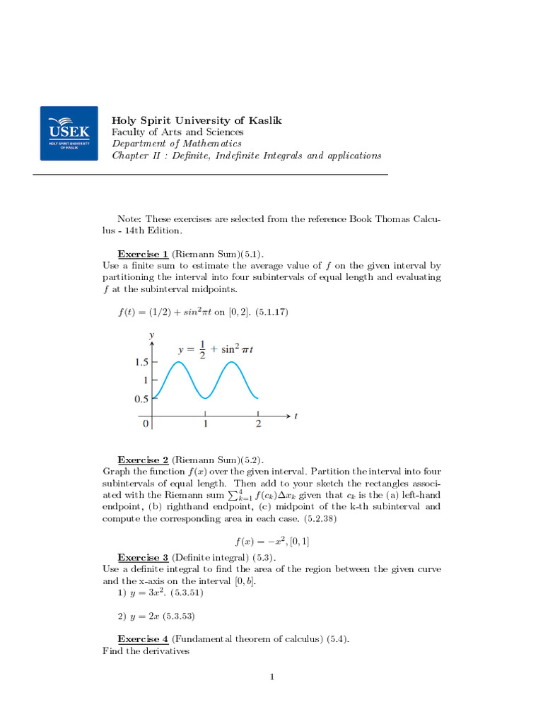 Exercises Sheet 2 - Definite Indefinite Integrals | PDF | Integral | Interval (Mathematics)