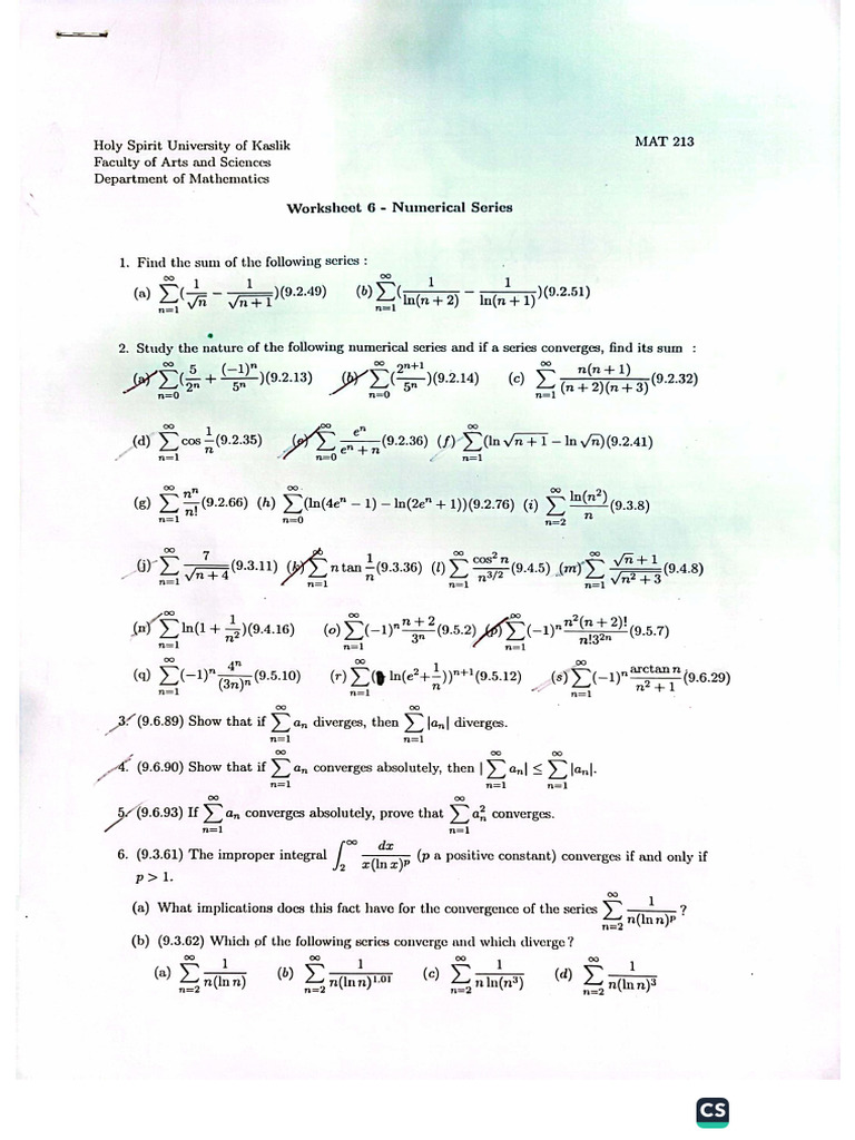 Worksheet 4 - Numerical Series | PDF