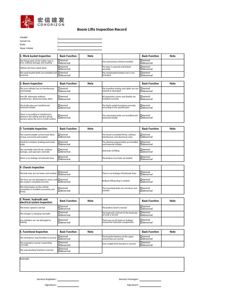 Boom Lift Inspection Checklist | PDF | Screw | Manufactured Goods