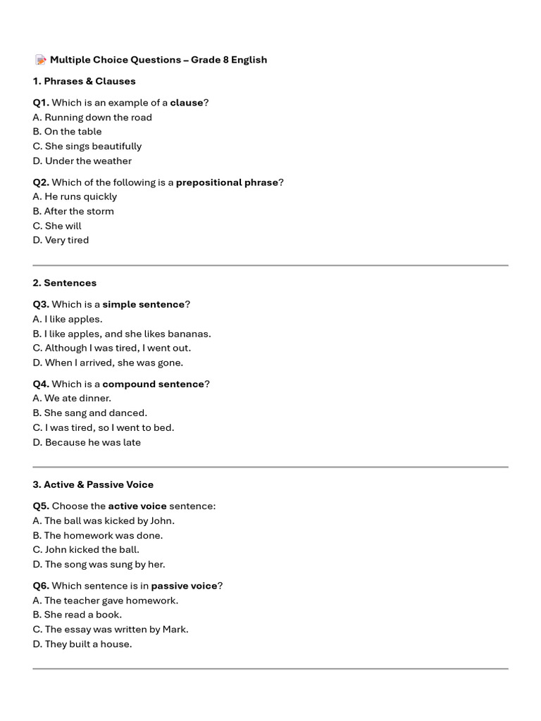 ? Multiple Choice Questions G8 | PDF | Linguistics | Language Mechanics