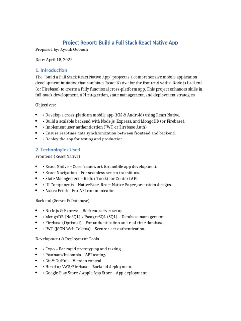 FullStack ReactNative App Report Part1 | PDF