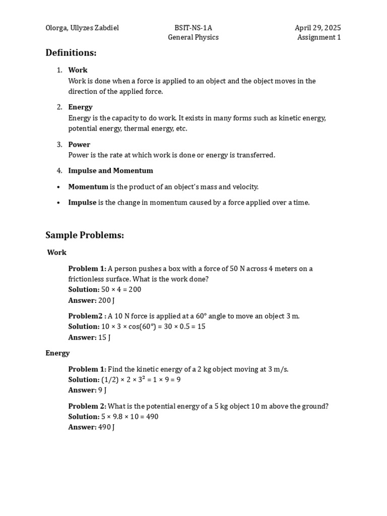 Gen - Physics Assignment1 | PDF