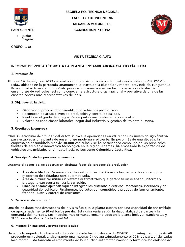 Informe de Visita a CIAUTO Ambato | PDF | Business | Calidad (comercial)