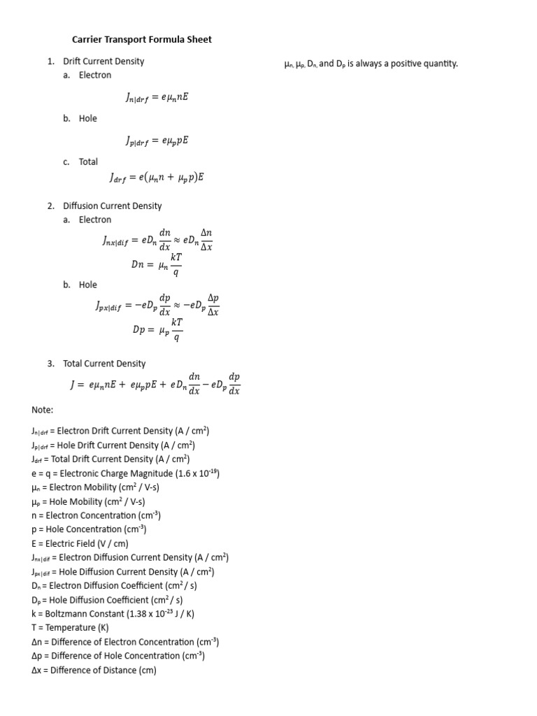 Carrier Transport Formula Sheet | PDF