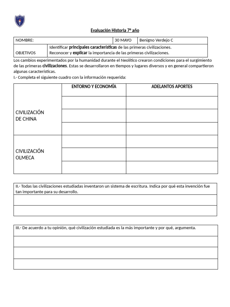 Eval Hist 7° Año CIVILIZACIONES | PDF