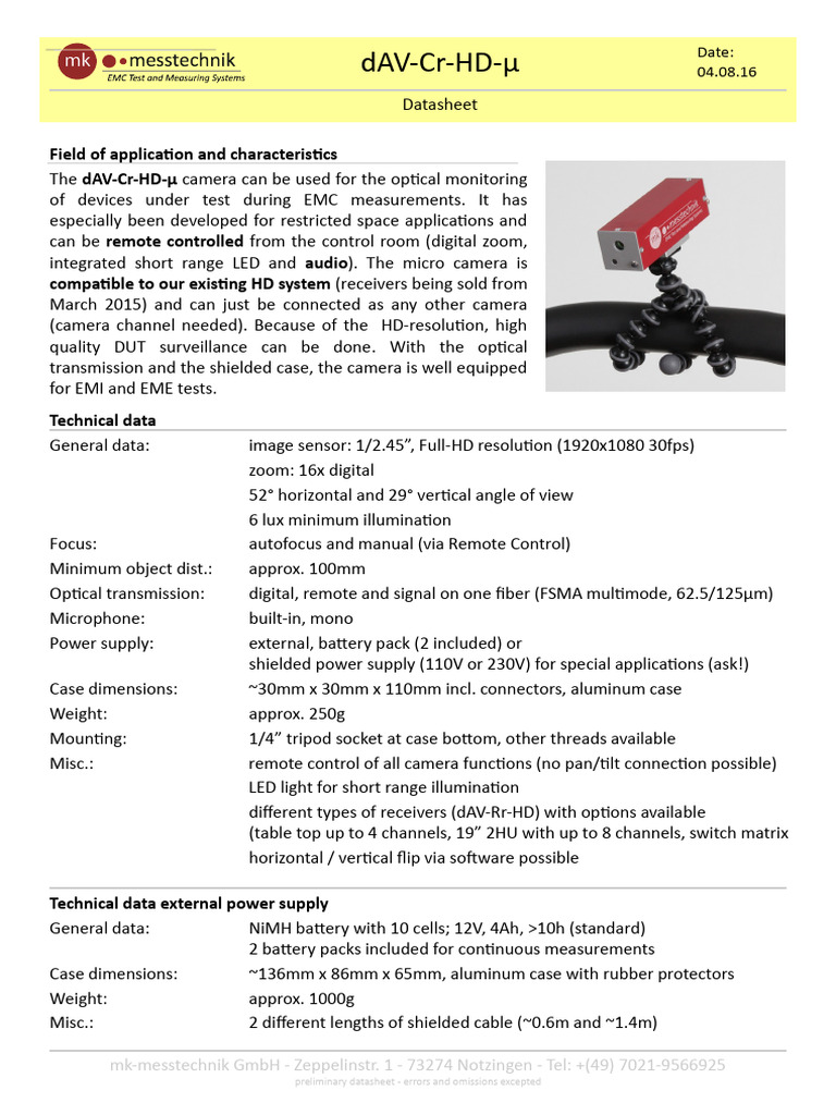 DAV Cr HD Micro Datasheet | PDF | Camera | Optical Fiber