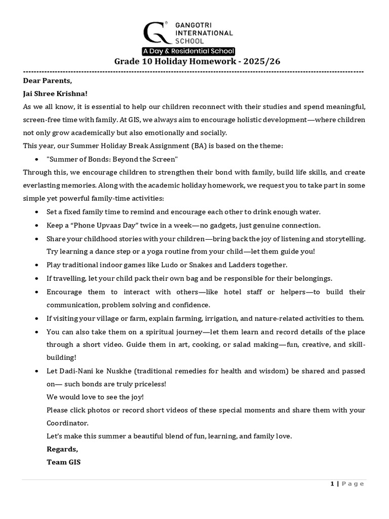 Class 10 Holiday Homework 25-26 | PDF