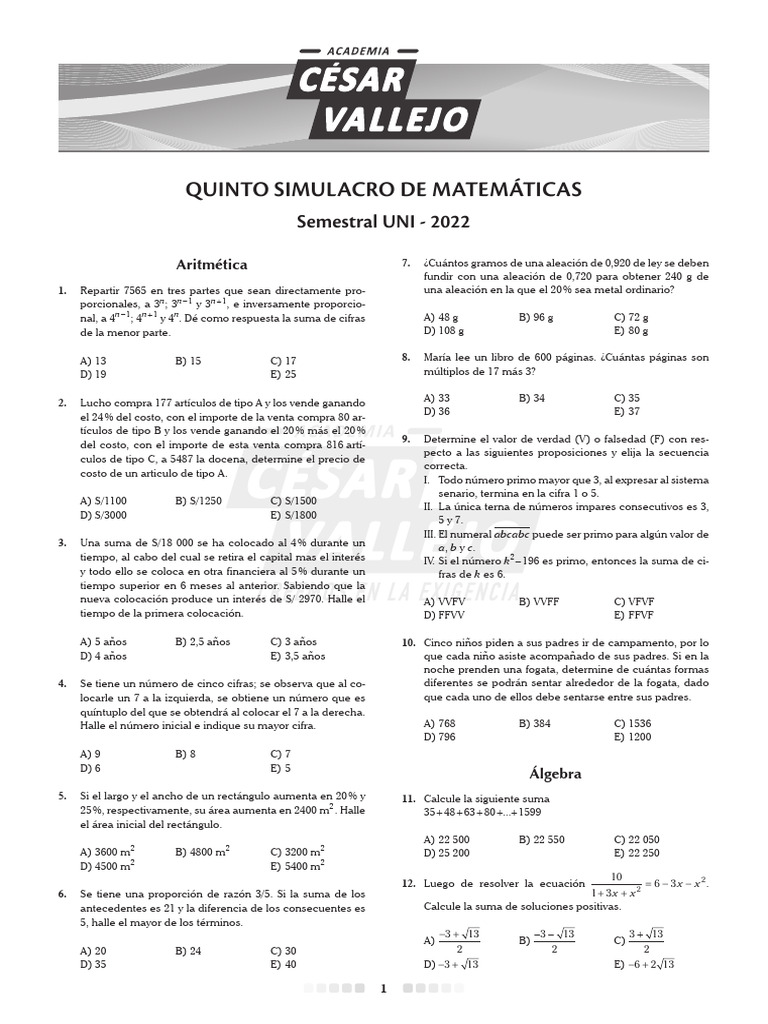 5 Simulacro SUNI MATEMATICA | PDF | Triángulo | Pi