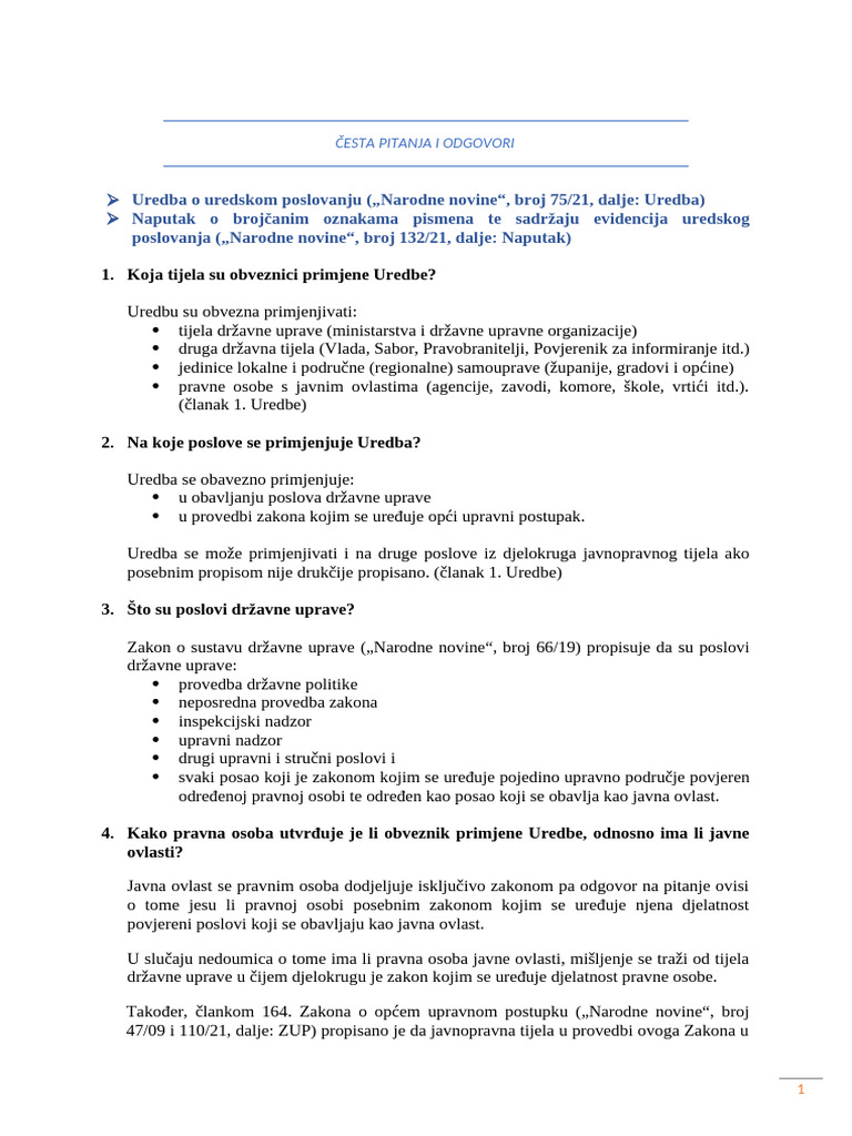 Česta Pitanja I Odgovori - Uredba o Uredskom Poslovanju - 5.6.2024. | PDF