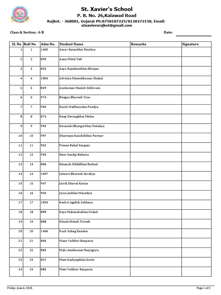 6-B Roll No List | PDF