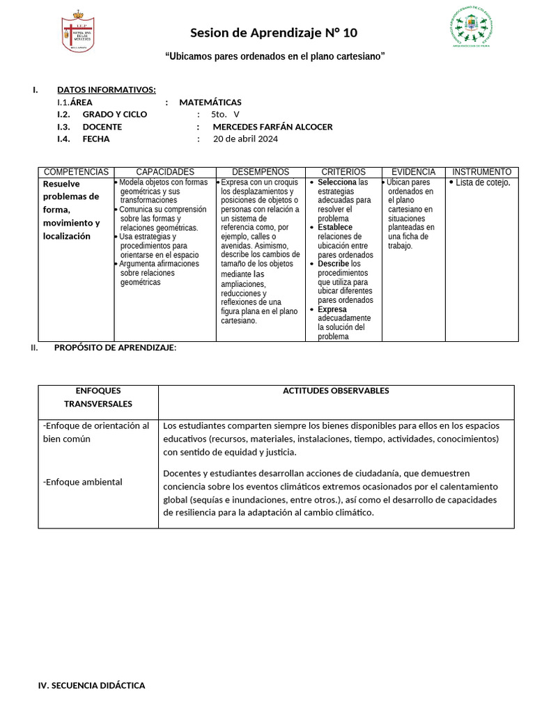 SESIÓN DE APRENDIZAJE - MATEMÁTICAS - Ordenamos Pares Ordenados en El ...