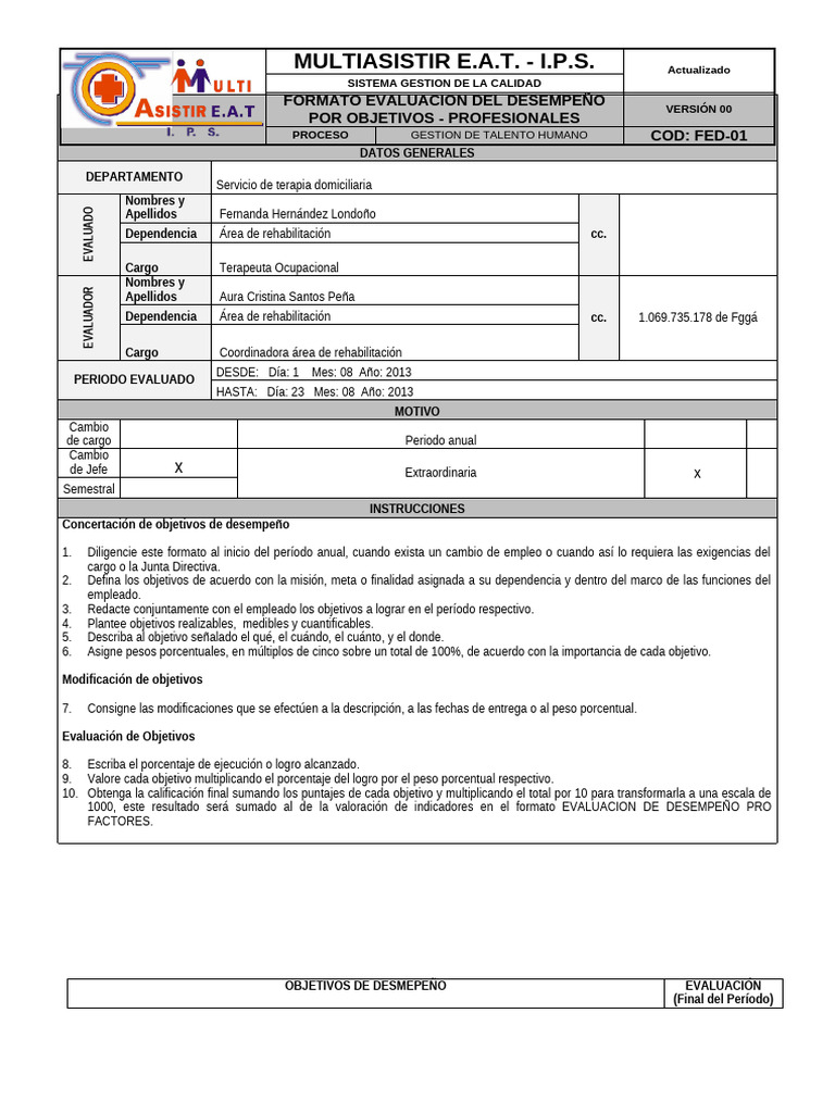 Evaluacion Desmepeño Fernanda f1 | PDF | Evaluación