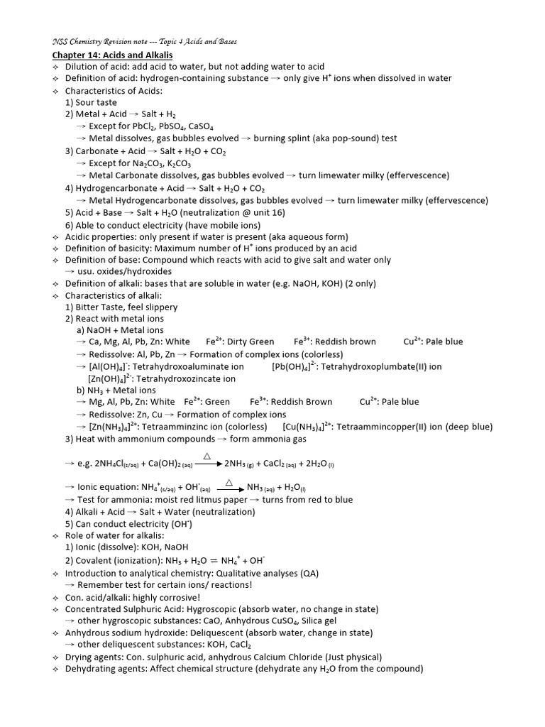NSS Chemistry Revision Note - Topic 4 Acids and Bases | PDF | Hydroxide ...