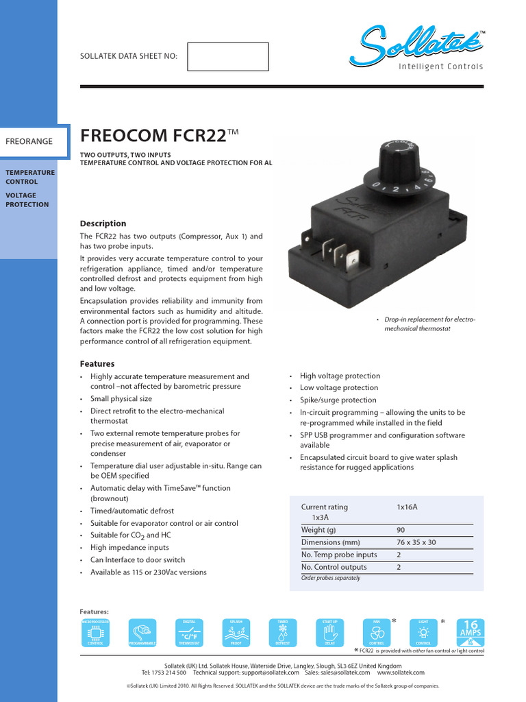 FreoCom FCR22 Data Sheet | PDF | Refrigerator | Electrical Engineering