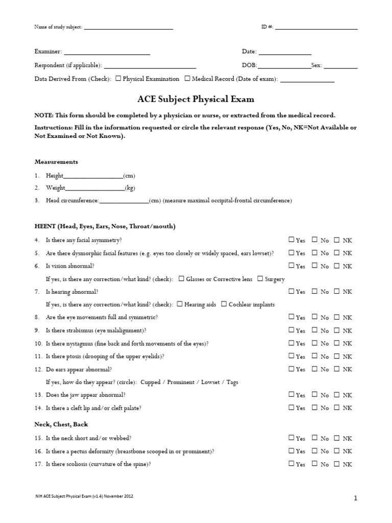 NIH ACE Subject Physical Exam Form | PDF | Diseases And Disorders ...