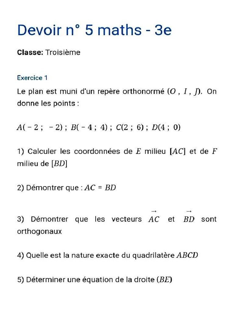 Devoir Mathématique Exo 1.2.3.4.N5 | PDF