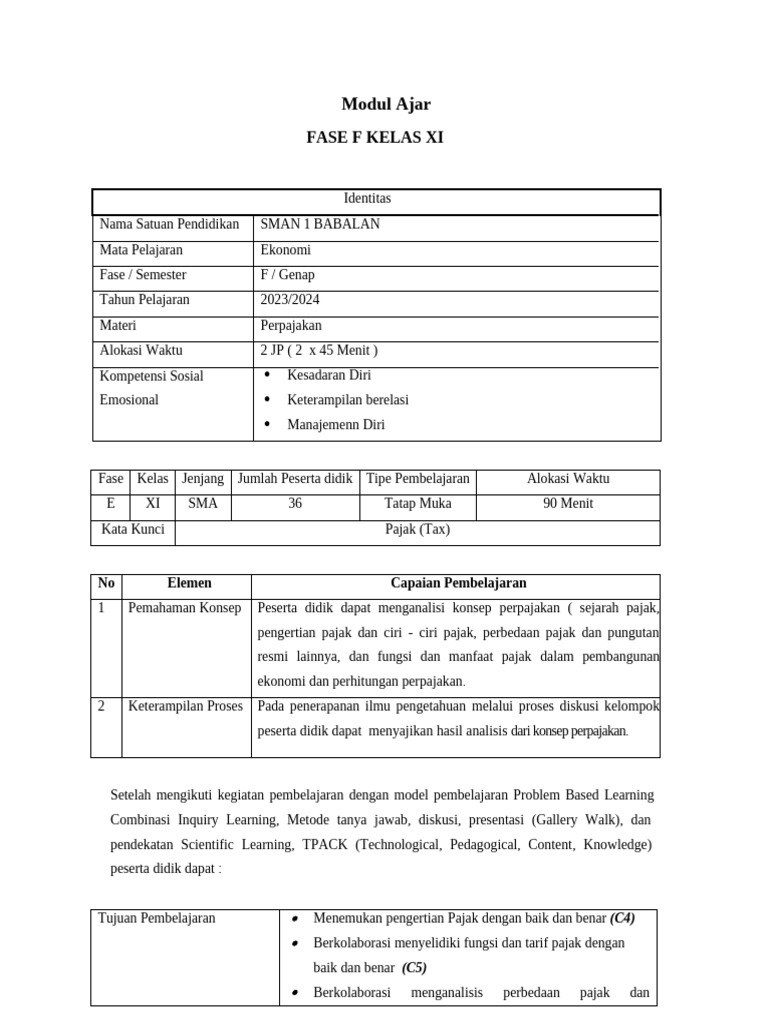Modul Ajar Ekonomi - Perpajakan | PDF