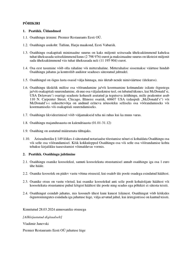 Premier Restaurants Eesti OU-pk | PDF