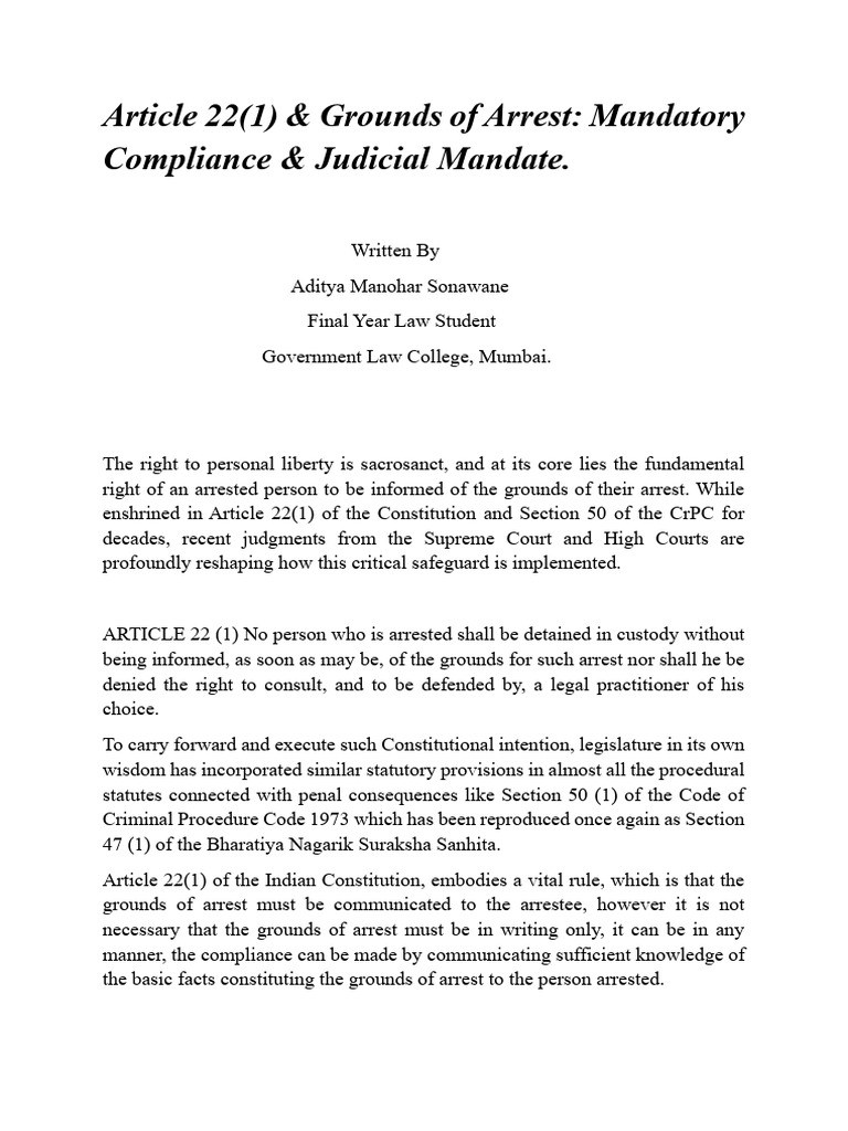 Article 22 (1) & Grounds of Arrest | PDF | Arrest | Bail