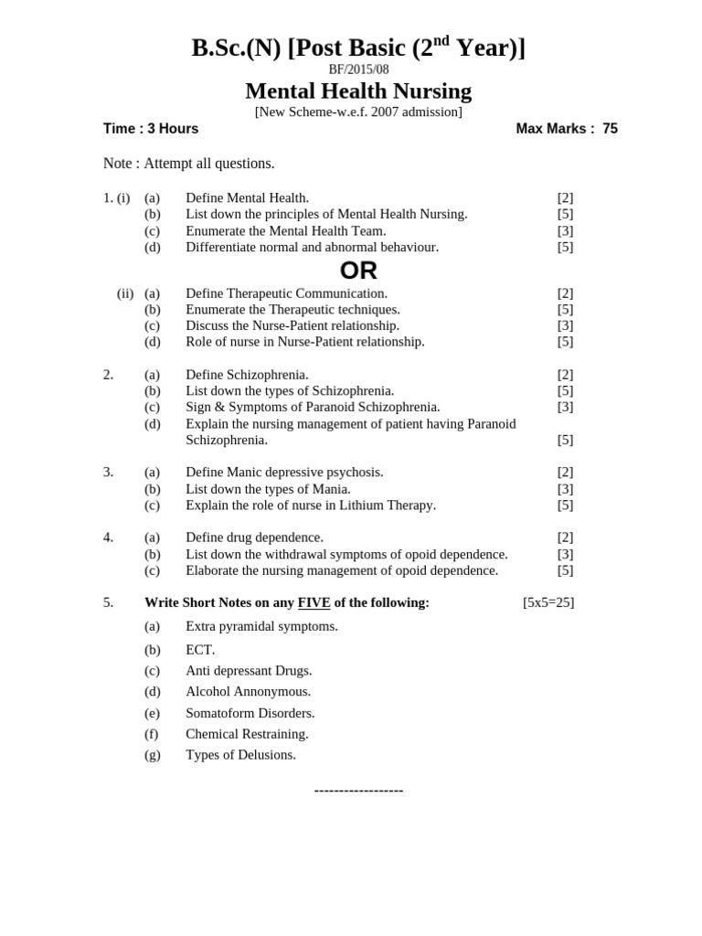B.Sc. Nursing Post Basic Exam Questions | PDF | Mania | Schizophrenia