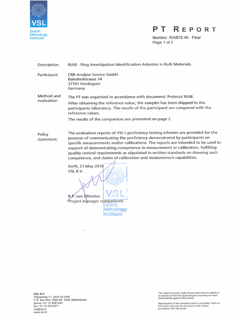 CRB Ringversuch-Rem 2019 Vsl-Riab78 Materialprobe-Asbest | PDF