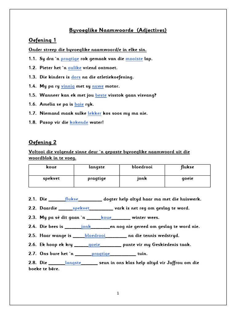 Answer Sheet Byvoeglike Naamwoorde Bl. 2 3 | PDF