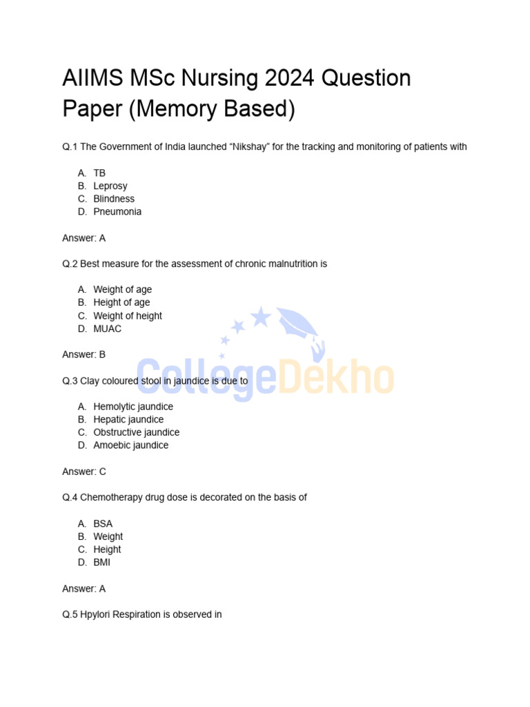 AIIMS MSc Nursing 2024 Question Paper | PDF